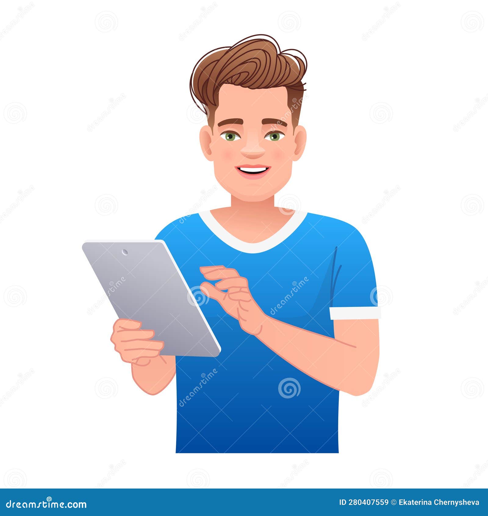 Handsome White Young Man Holds a Tablet Computer in His Hand. Internet ...