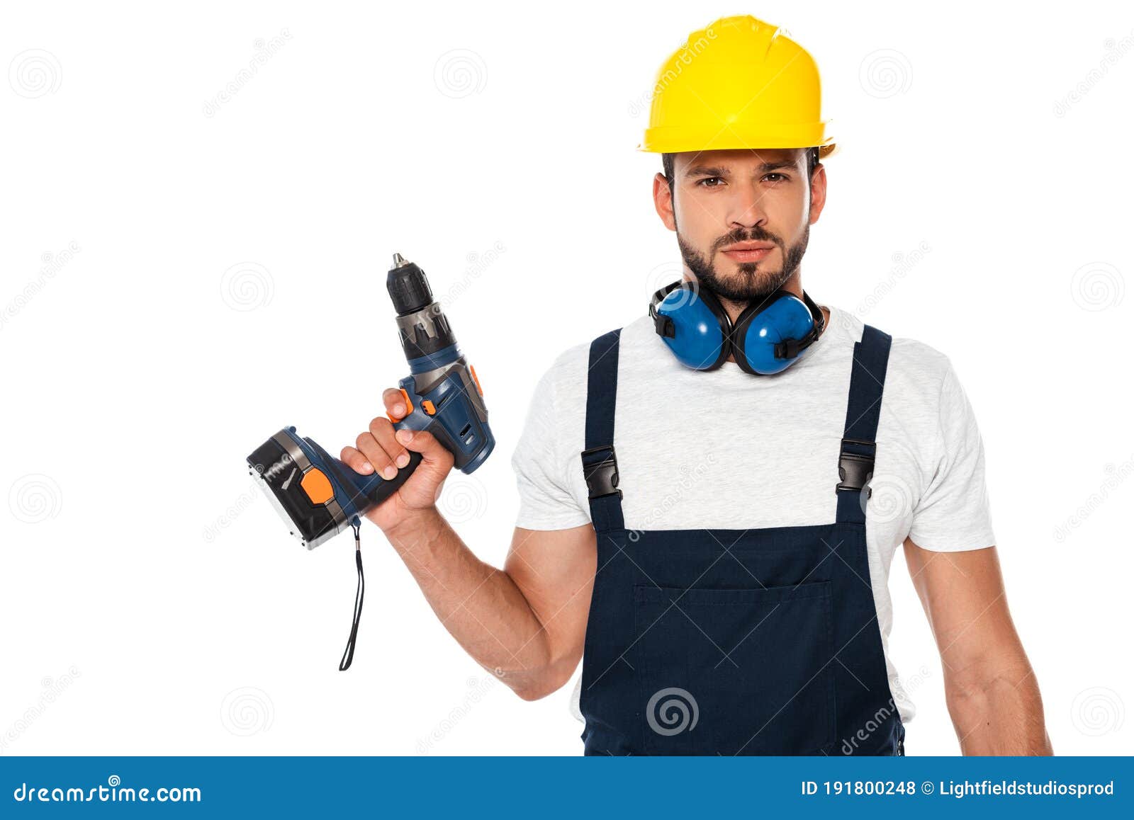 Workman Holding Electric Screwdriver Isolated on White Stock Photo ...