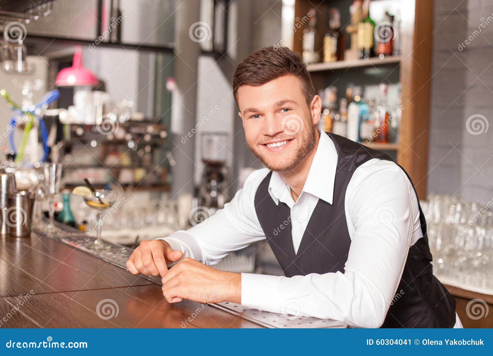 Handsome Young Barman is Working in Bar Stock Image - Image of counter ...