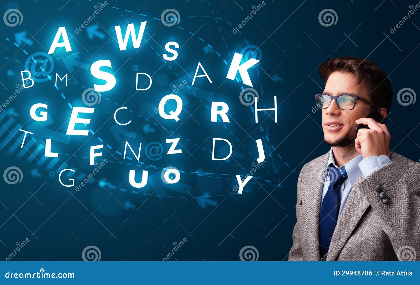 Young Boy Making Phone Call with Shiny Characters Stock Photo - Image ...