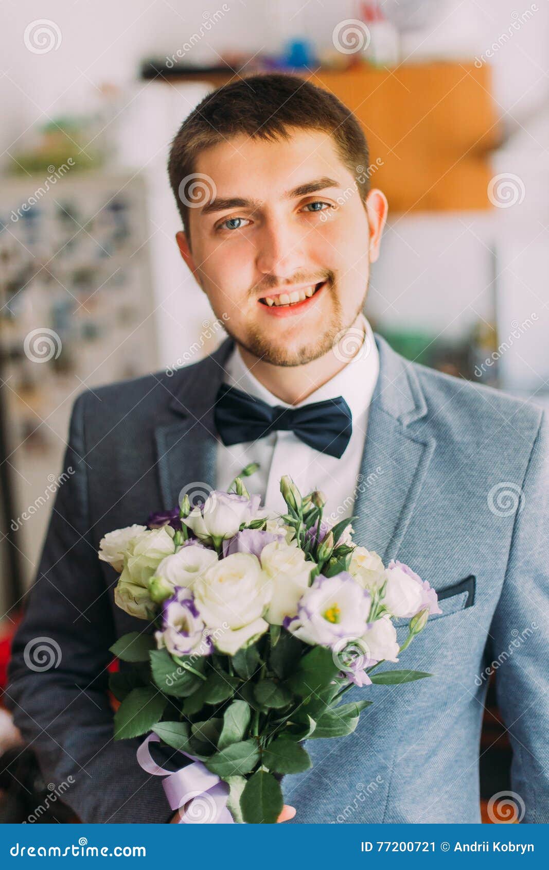 Handsome Young Groom Holding Wedding Bouquet of White Roses Stock Image ...