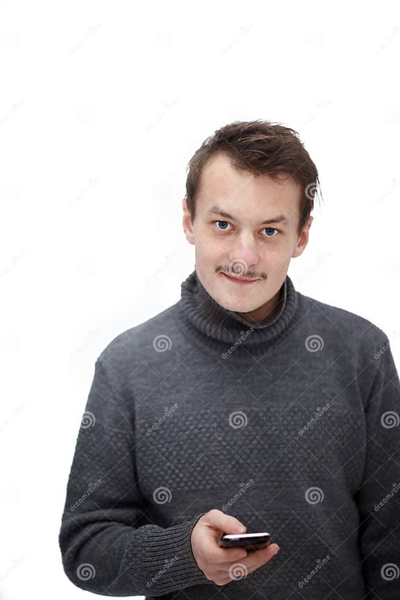 Handsome Young Guy Looking Up from His Sms Stock Image - Image of ...