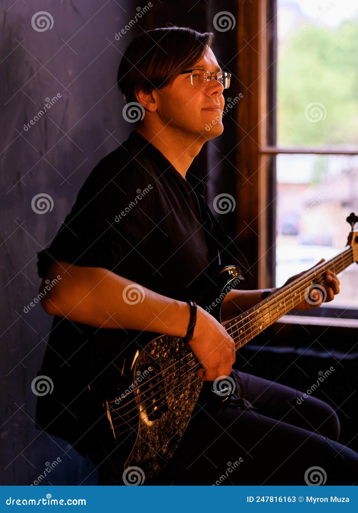 Handsome Young Guy Playing Bass Guitar Stock Image Image Of