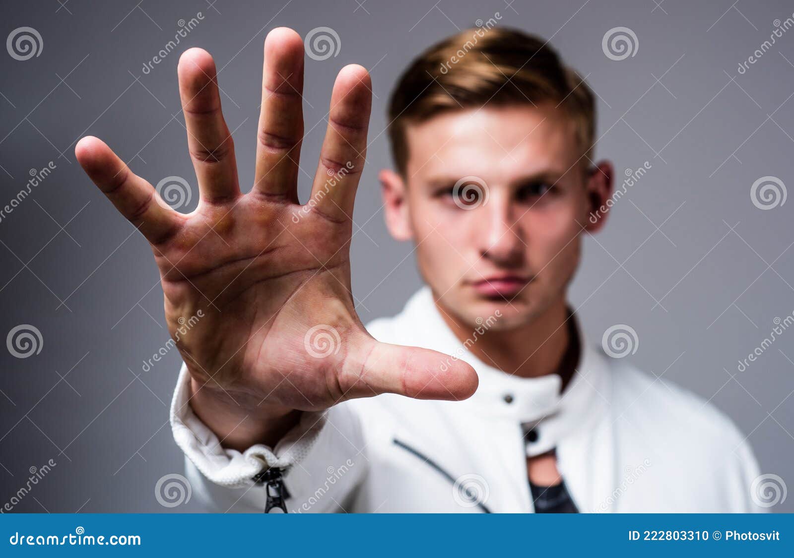 Handsome Young Guy Show Palm Hand, Touch Stock Photo - Image of adult ...