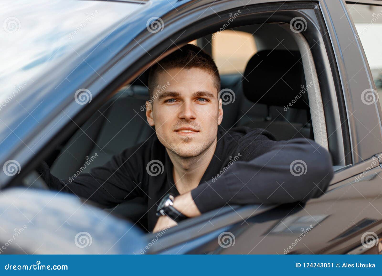 Handsome Young Male Driver in a Black Car Stock Image - Image of street ...
