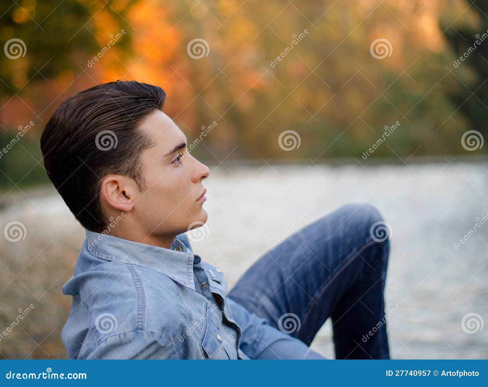 Handsome Young Male Model on Pond or Lake in Fall Stock Image - Image ...