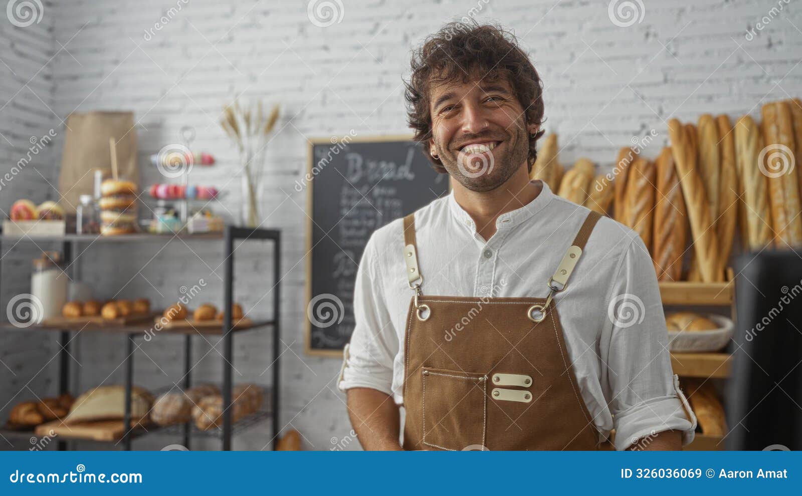 Handsome Young Man in a Bakery Interior Smiling in Front of Bread and ...