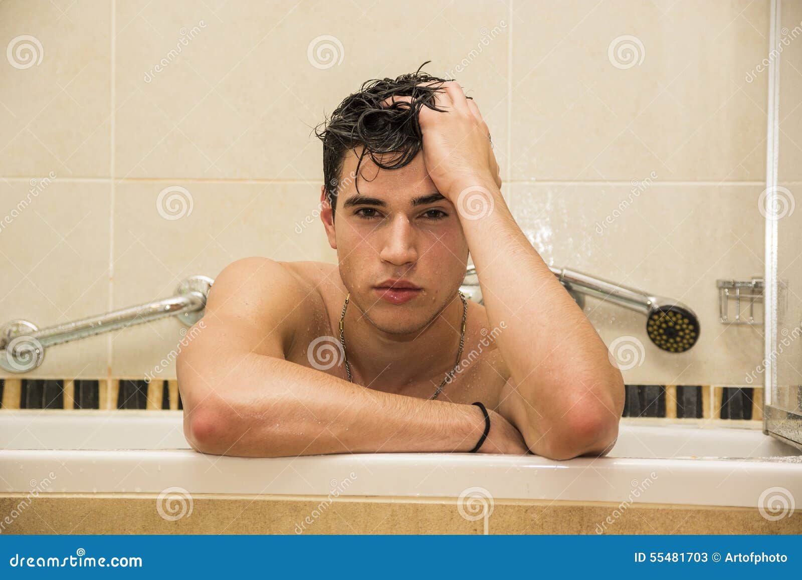 Handsome Young Man in Bathtub at Home Having Bath Stock Image - Image ...