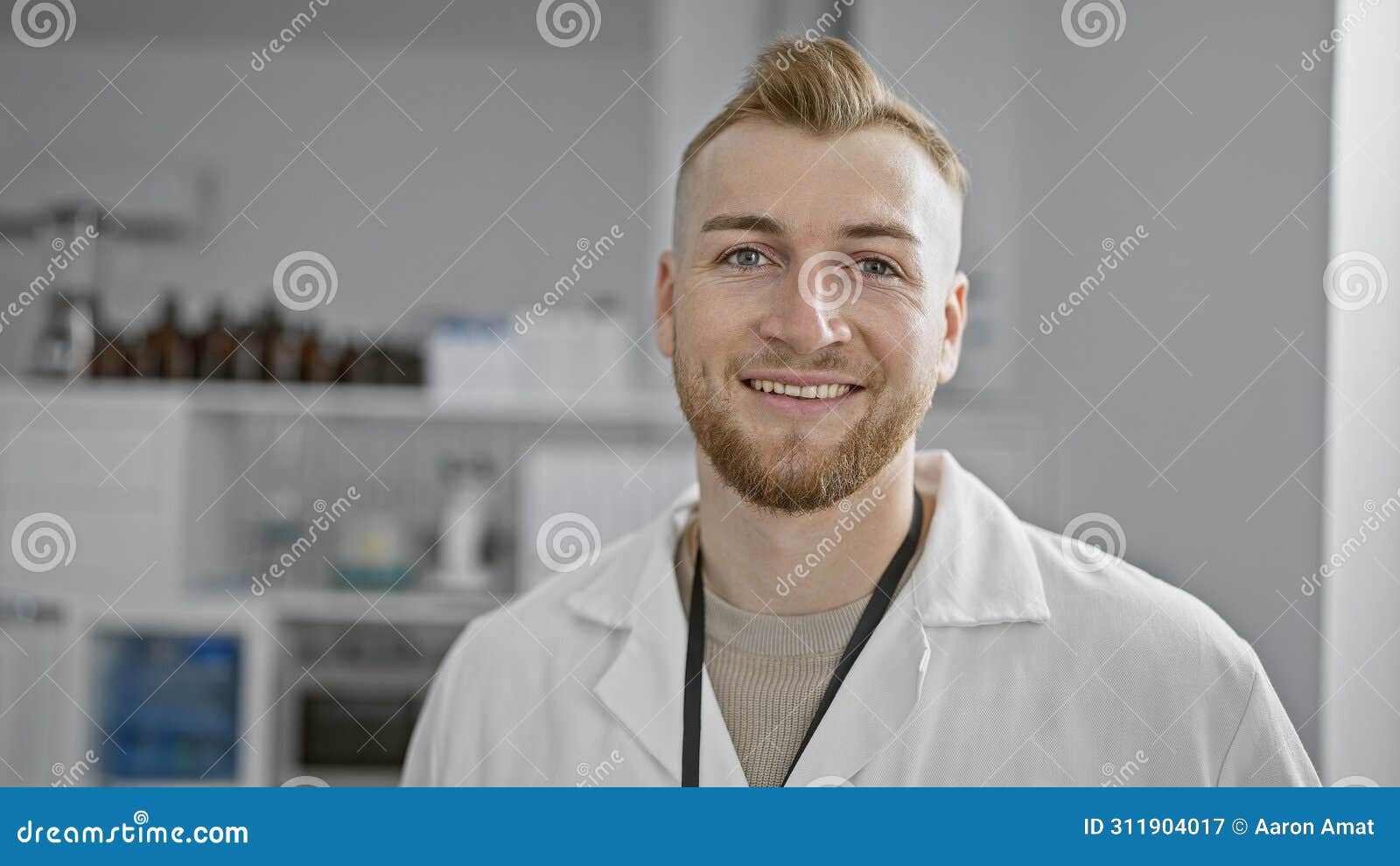 Handsome Young Man with Beard Smiling in White Lab Coat at a Modern ...