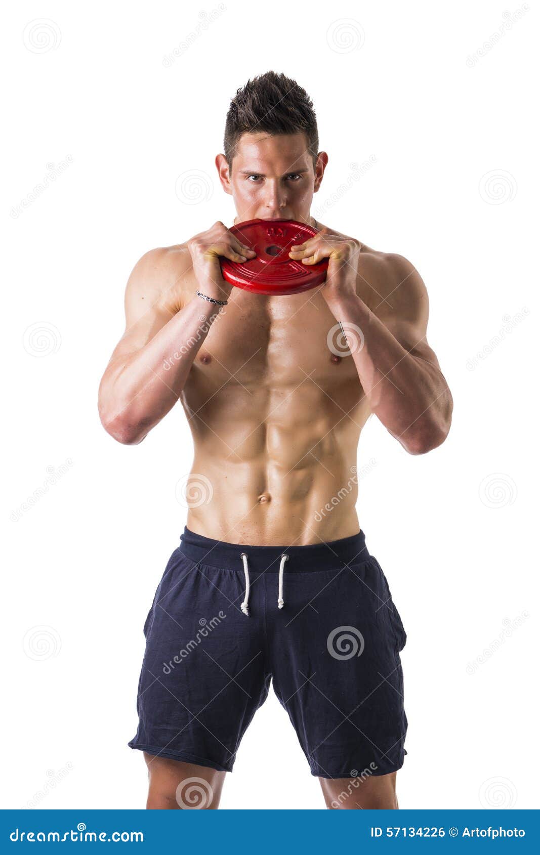 Handsome Young Man Biting Big Weight Disc Stock Photo - Image of ...