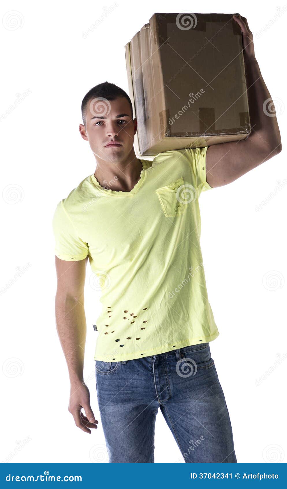 Handsome Young Man Carrying Cardboard Box on Shoulder Stock Image ...