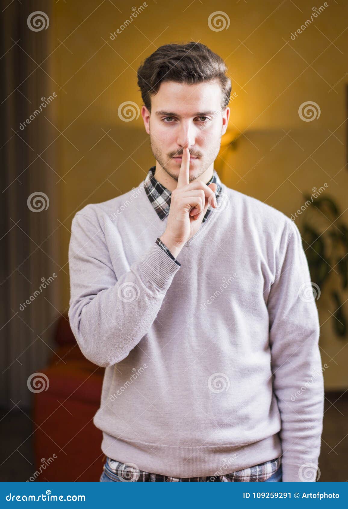 Handsome Young Man Doing Hush Sign with Finger on Lips Stock Image ...