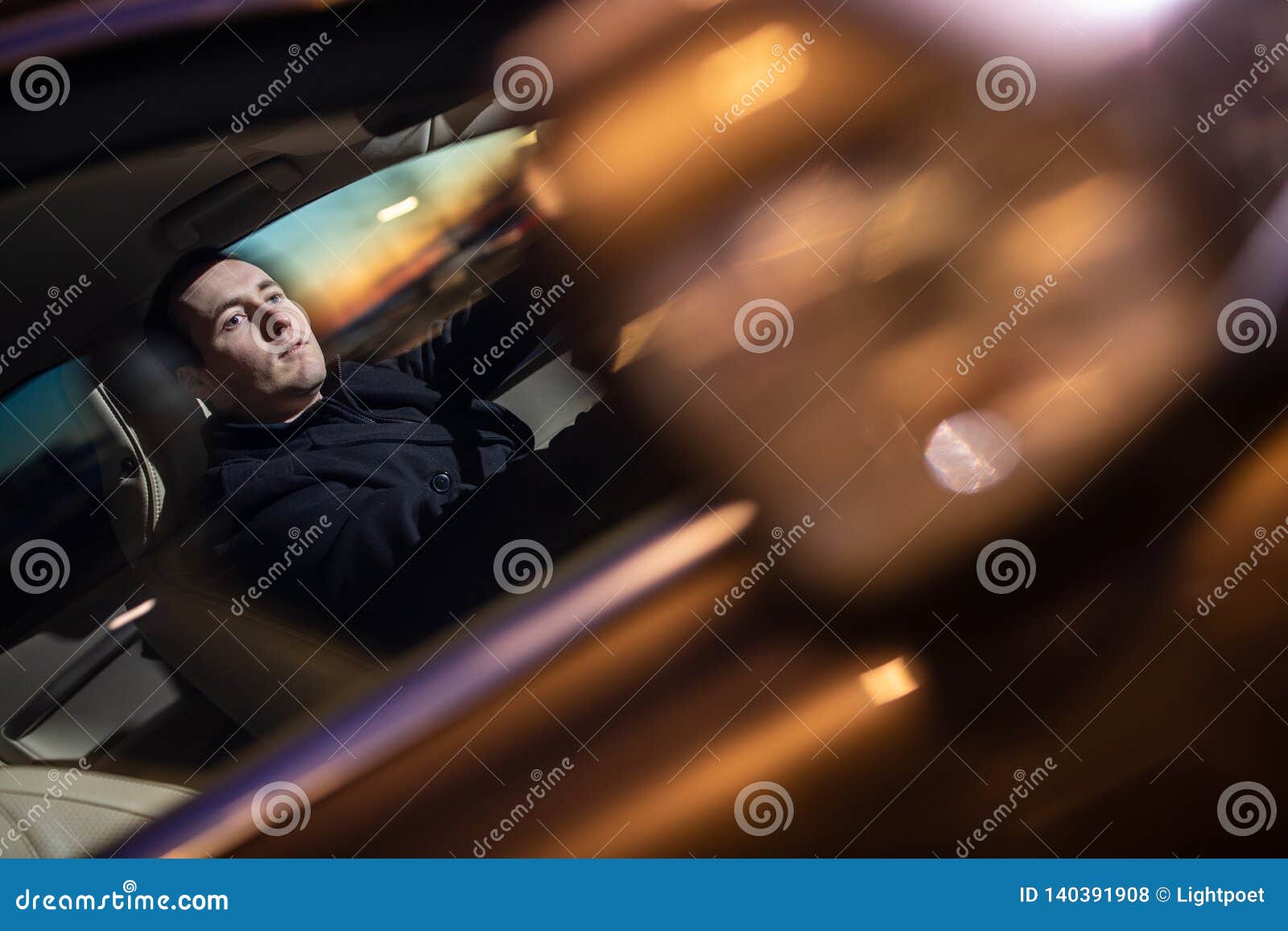 Handsome Young Man Driving His Car at Night Stock Photo - Image of ...