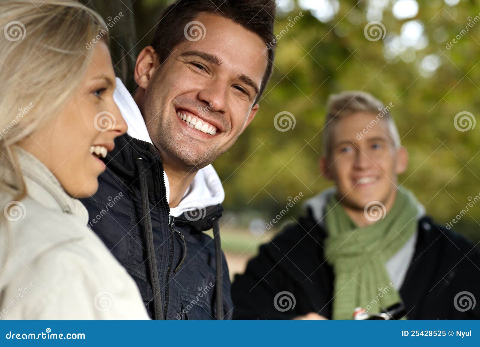 Handsome Young Man and Friends in Park Smiling Stock Image - Image of ...