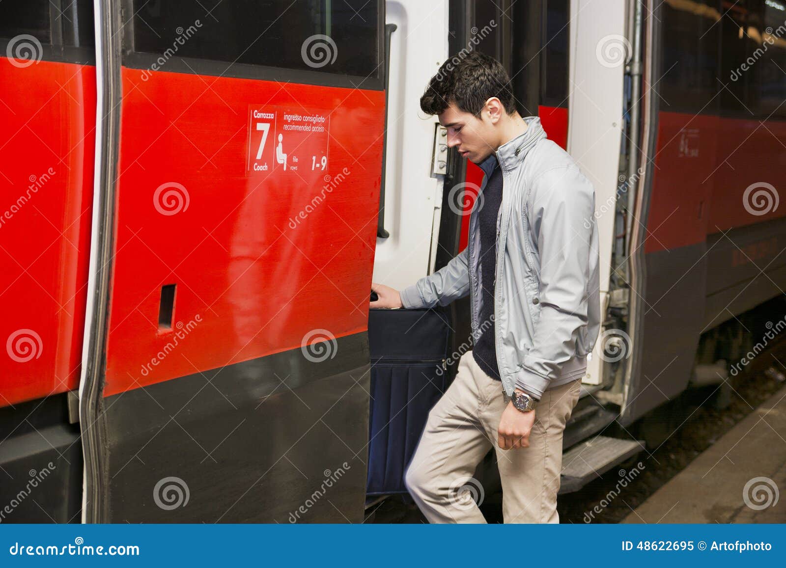 Handsome Young Man Getting Aboard on Train Stock Image - Image of open ...