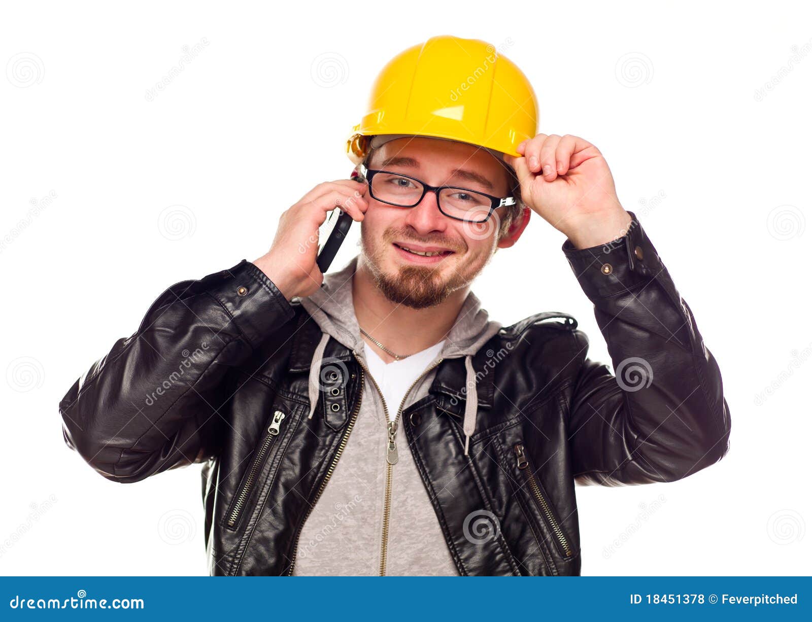 Handsome Young Man in Hard Hat on Phone Stock Photo - Image of employee ...