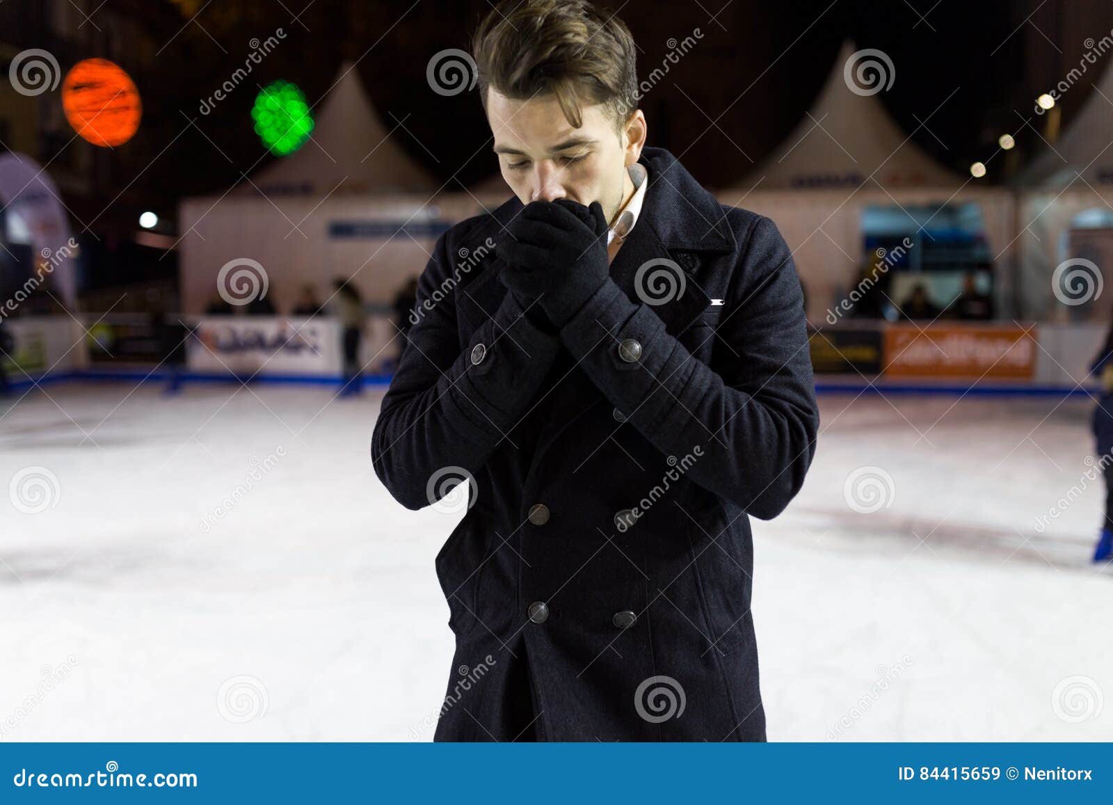 Handsome Young Man Ice Skating on Rink Outdoors. Stock Image - Image of ...