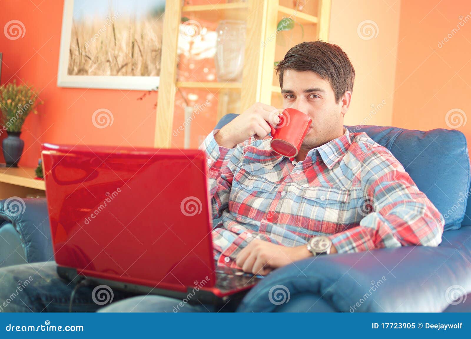 Handsome Young Man with Laptop Drinking Coffee Stock Image - Image of ...
