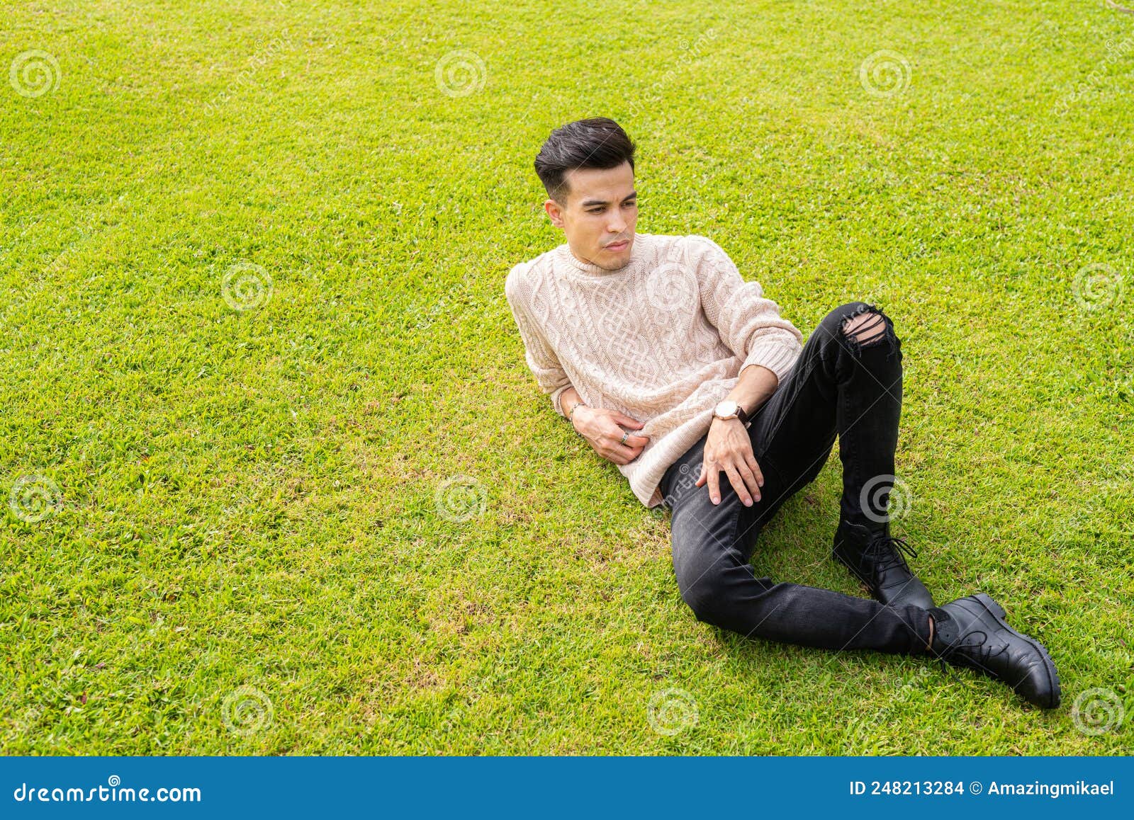 Handsome Young Man Laying Down on Grass during Summer at Park Stock ...