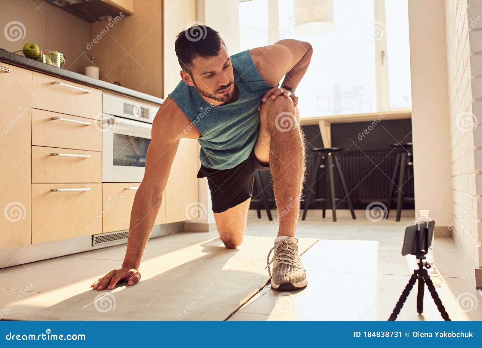 Athletic Gentleman Having Online Workout in Kitchen Stock Image - Image ...