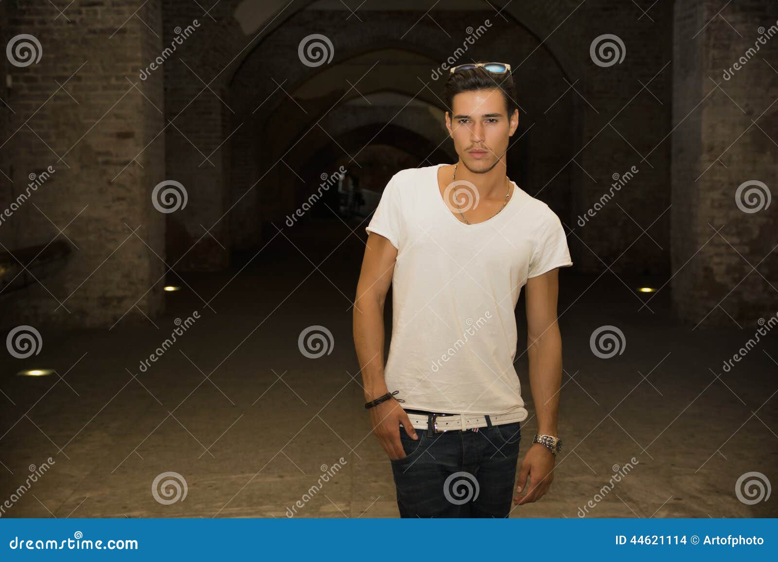 Handsome Young Man in Old Building Walking Inside Gallery Stock Photo ...