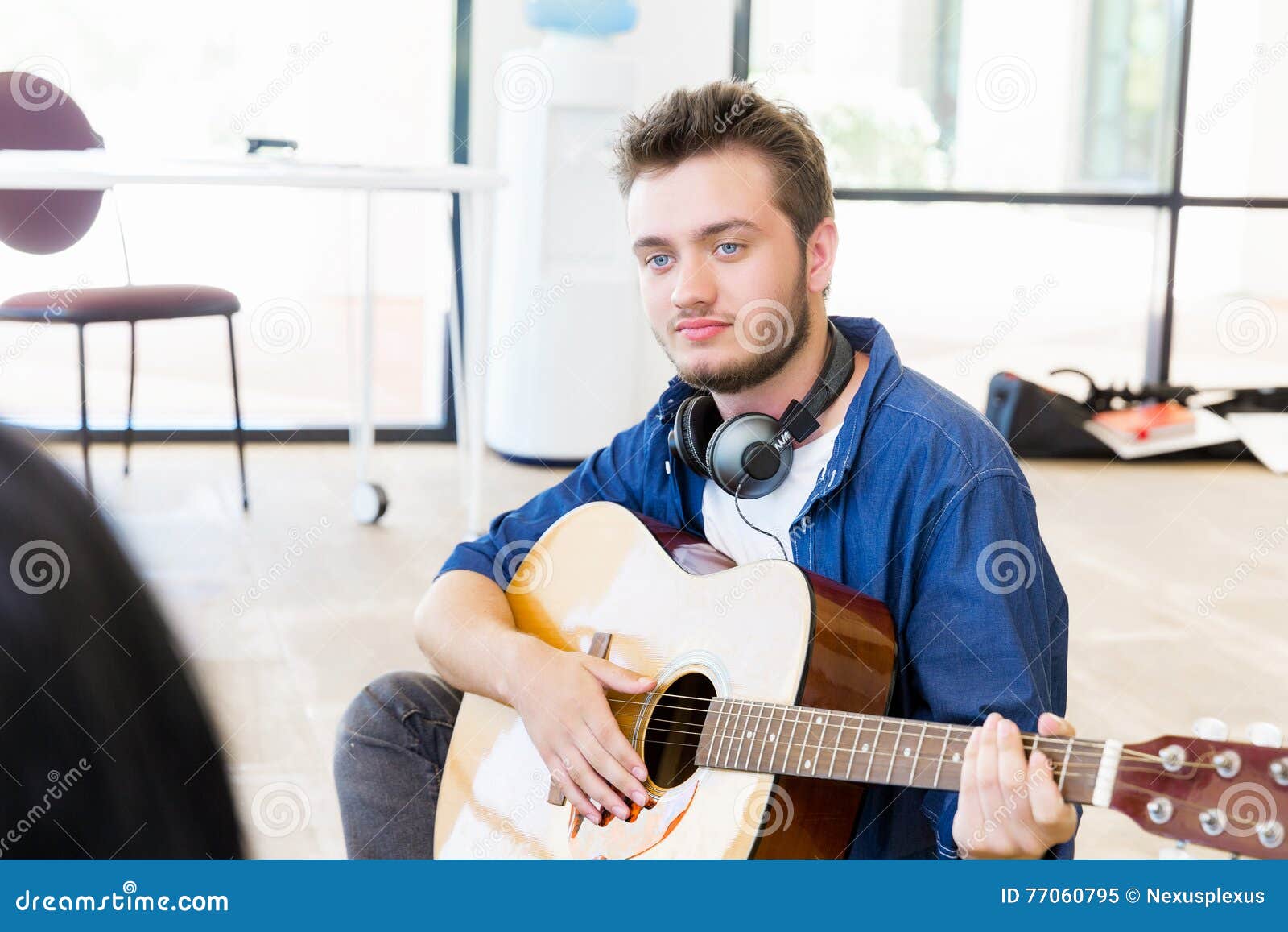 Handsome Young Man Playing Acoustic Guitar Stock Image - Image of ...