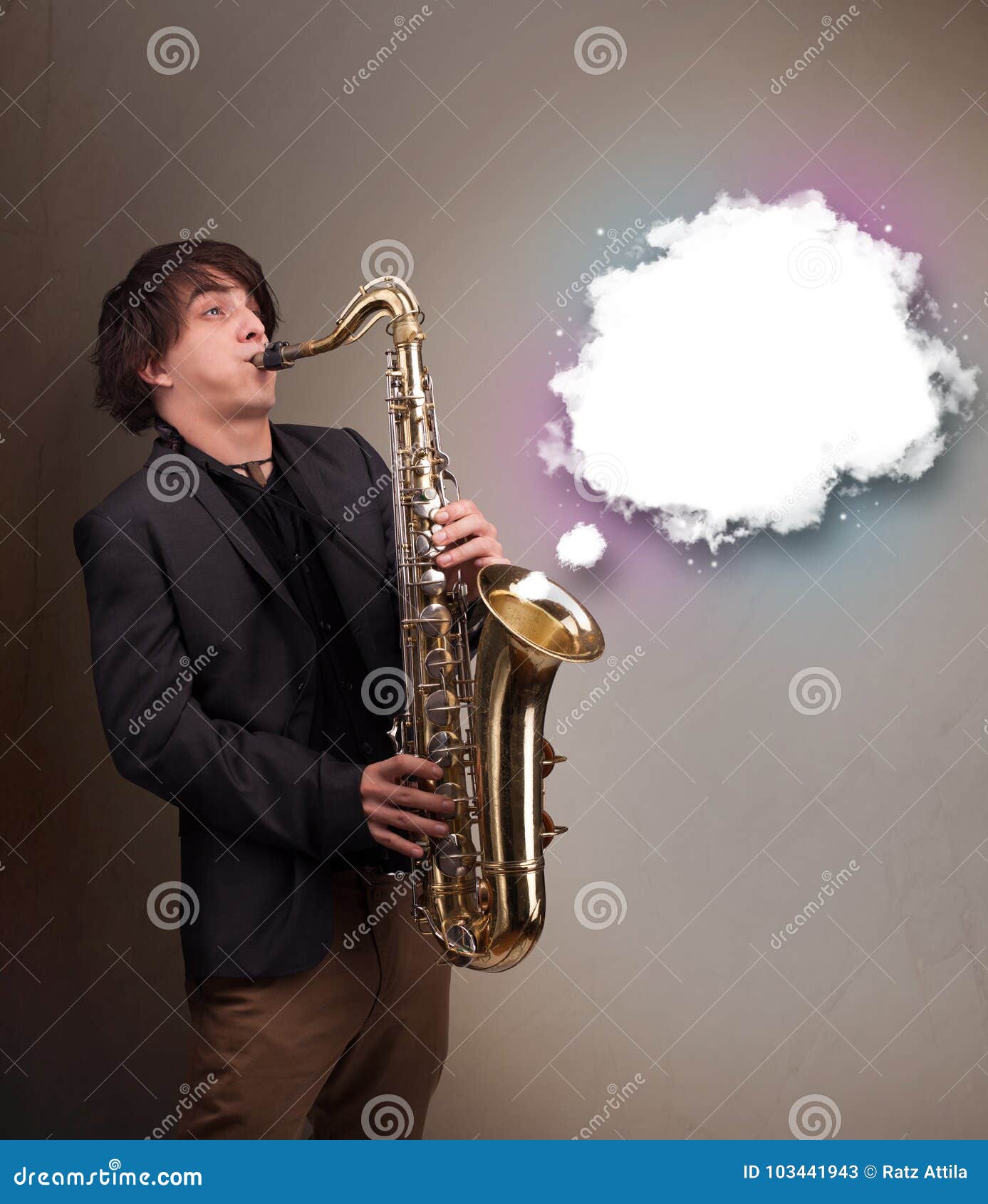 Young Man Playing on Saxophone with Copy Space in White Cloud Stock ...