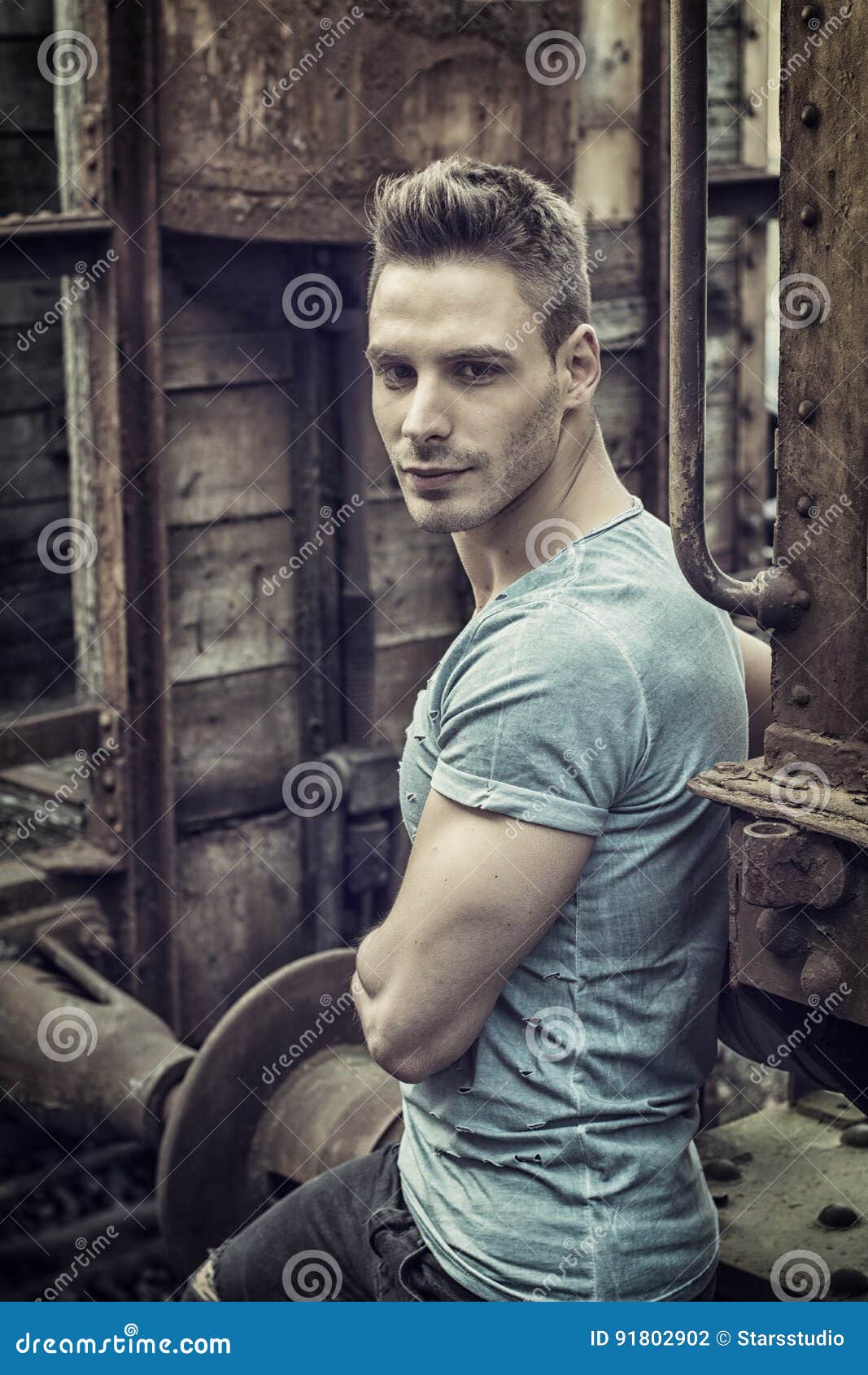 Handsome Young Man on Rusty, Old Train Stock Photo - Image of model ...