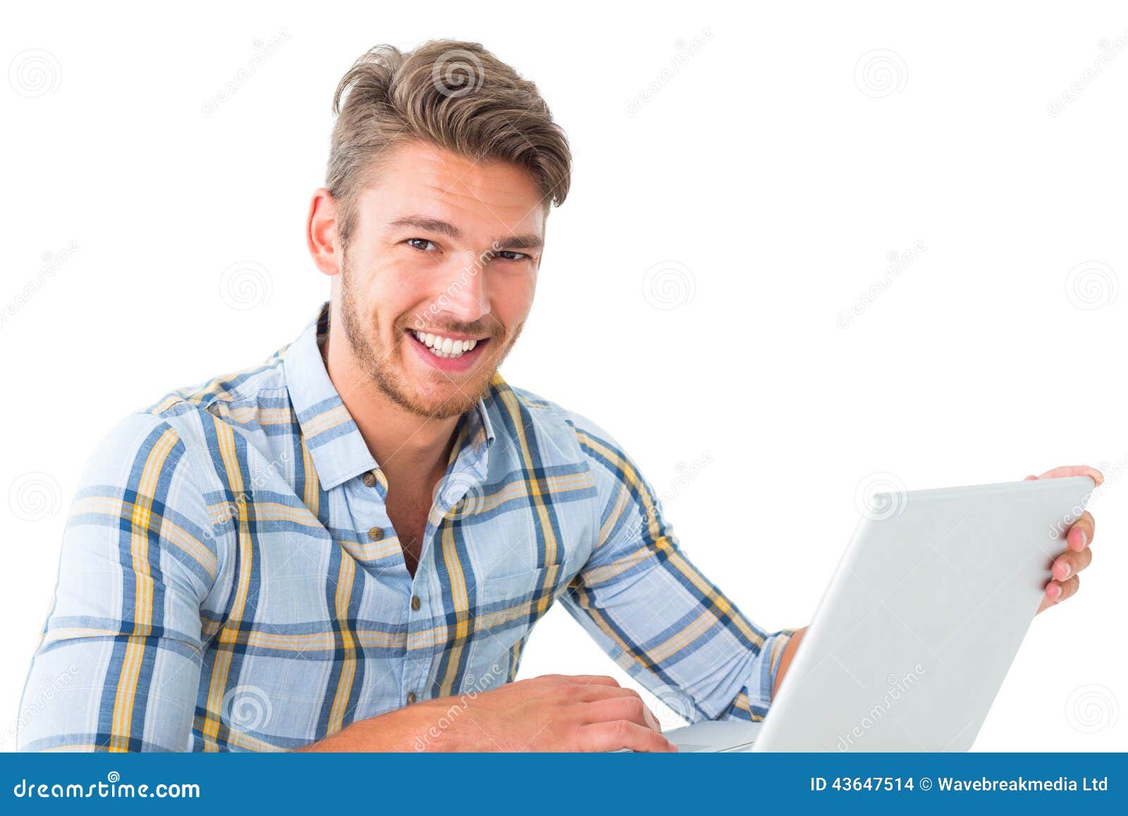 Handsome Young Man Sitting Using Laptop Stock Photo - Image of shirt ...