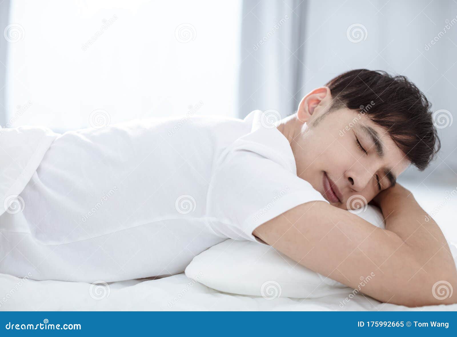 Handsome Young Man Sleeping in Bed Stock Image - Image of portrait ...