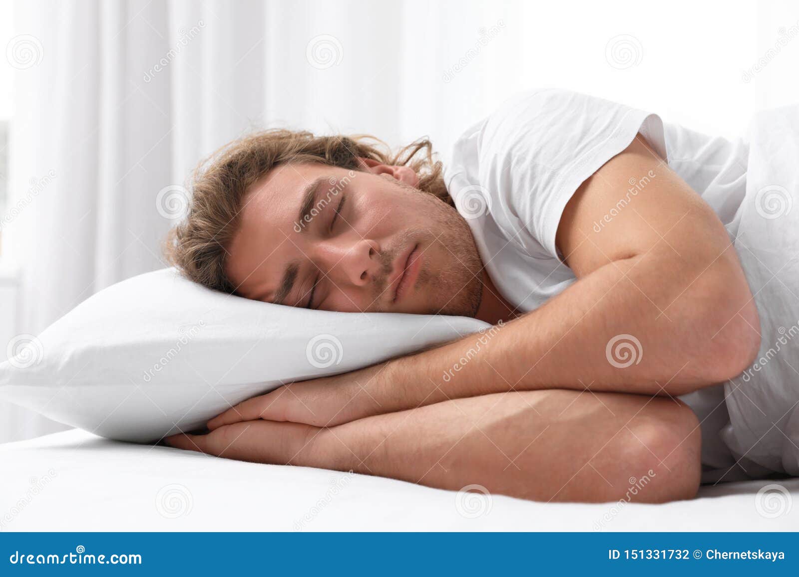 Handsome Young Man Sleeping on Pillow. Bedtime Stock Photo - Image of ...