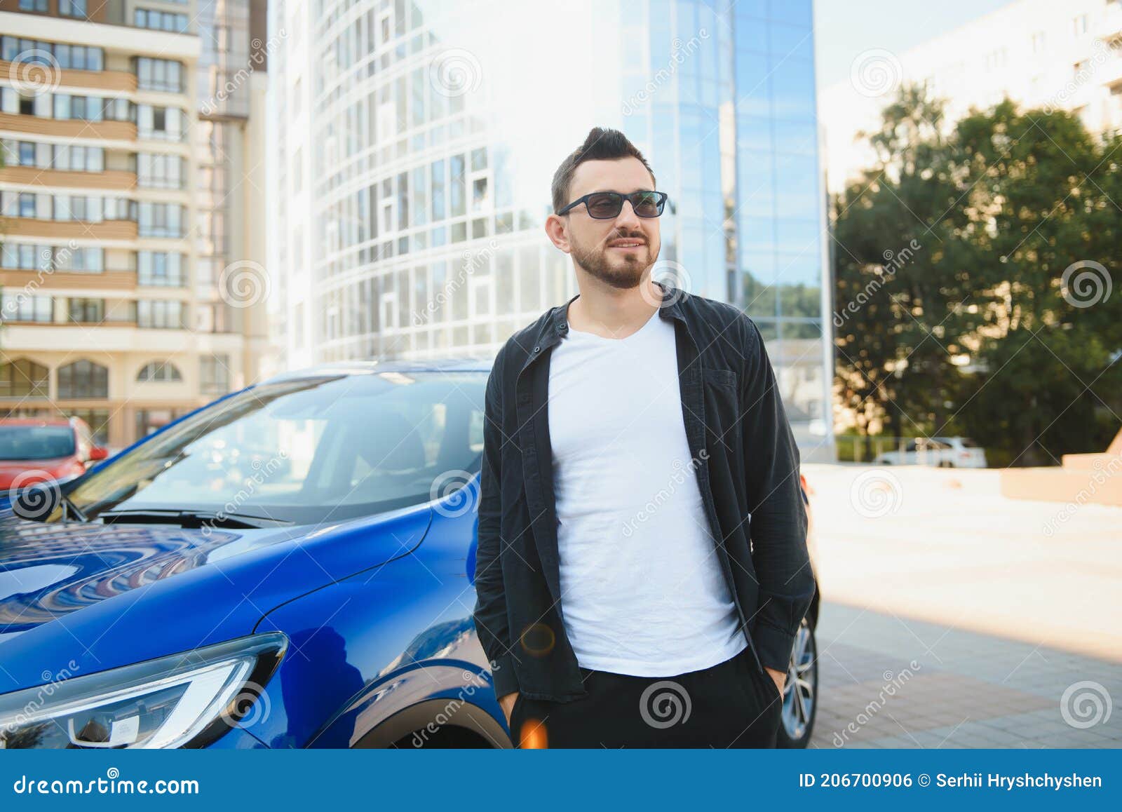 Handsome Young Man in Standing Near Car Outdoors Stock Photo - Image of ...