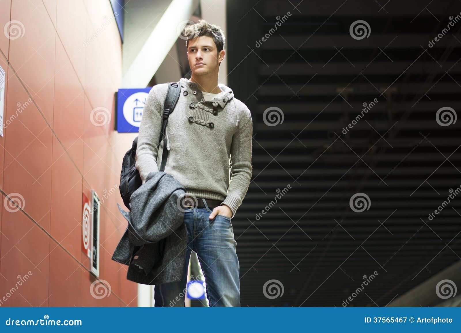 Handsome Young Man Standing in Train or Subway Station Stock Image ...