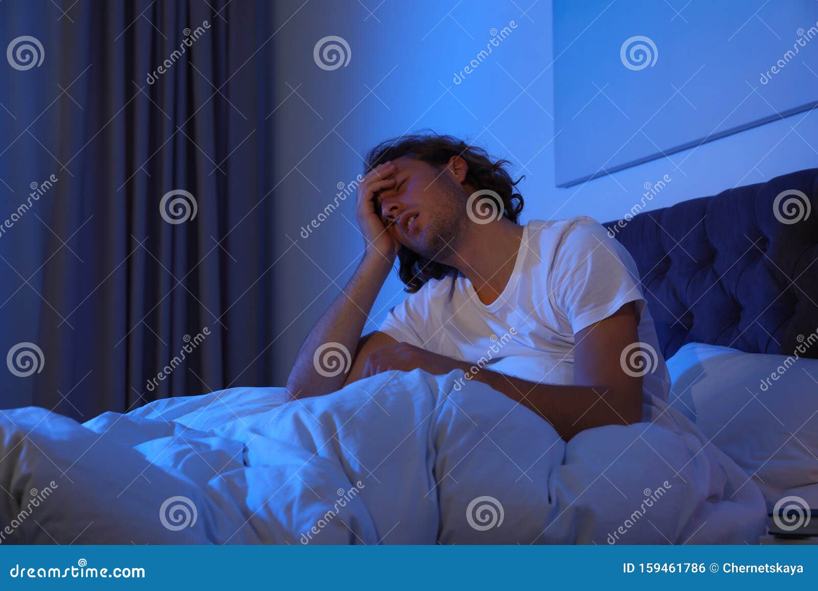 Handsome Young Man Suffering from Insomnia in Room at Night. Bedtime ...