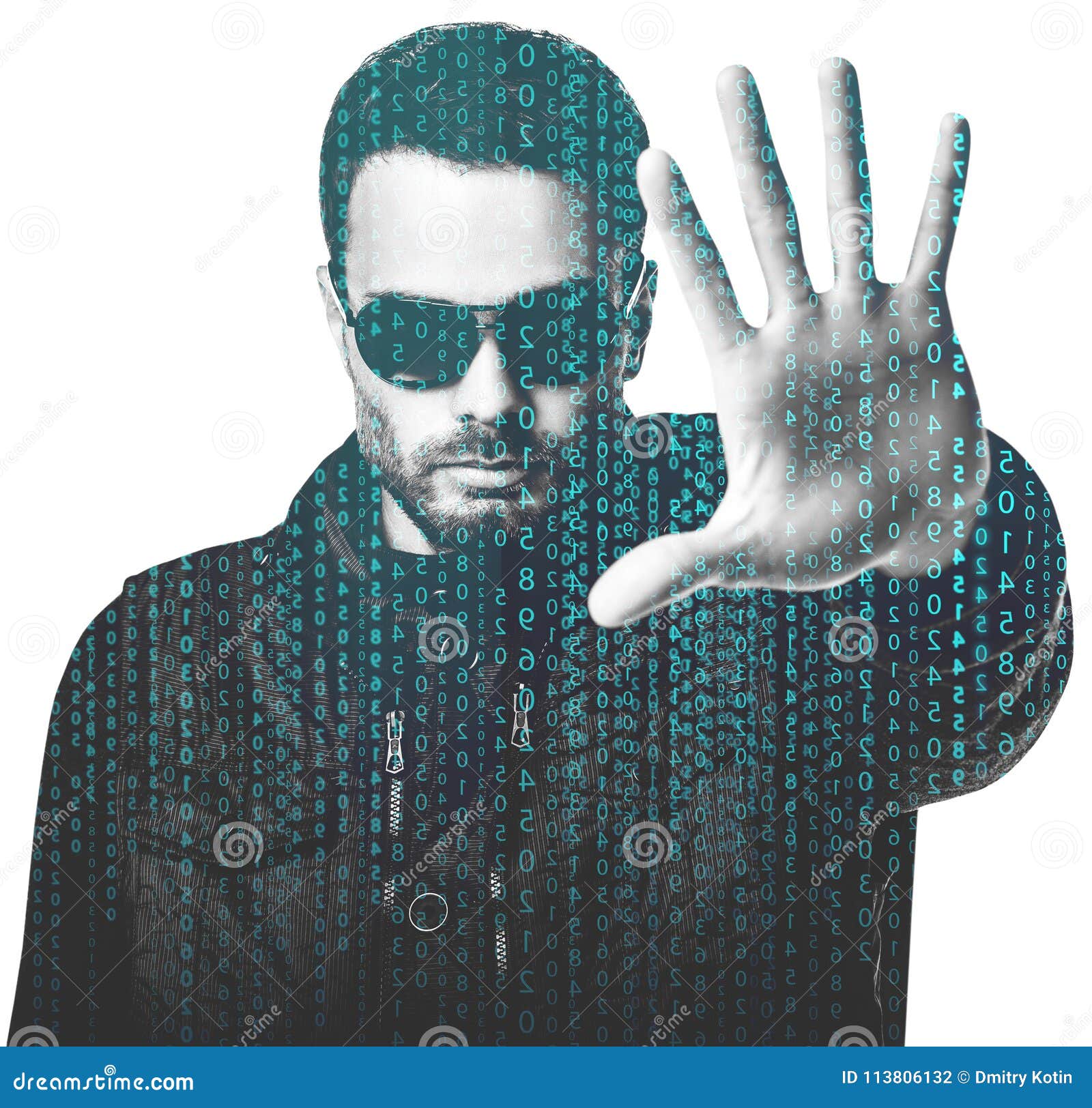 Handsome Man in Sunglasses among Digital Matrix Code. Stock Photo ...