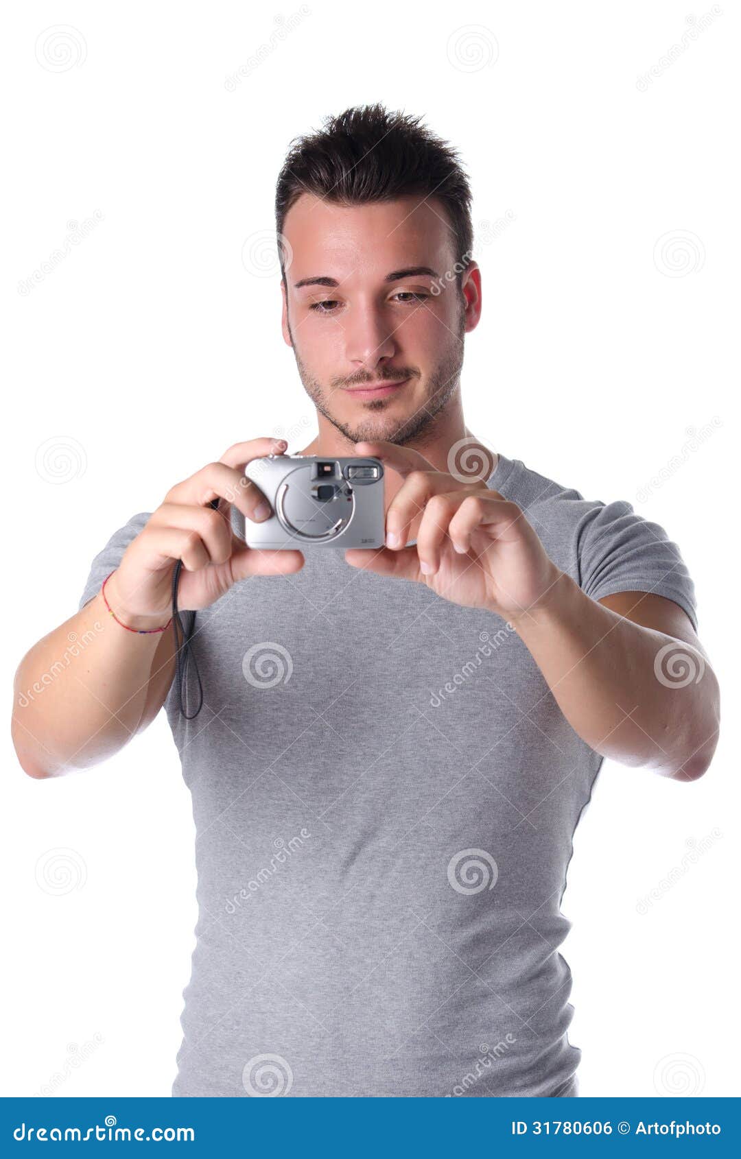 Handsome Young Man Taking Photo with Compact Camera Stock Photo - Image ...