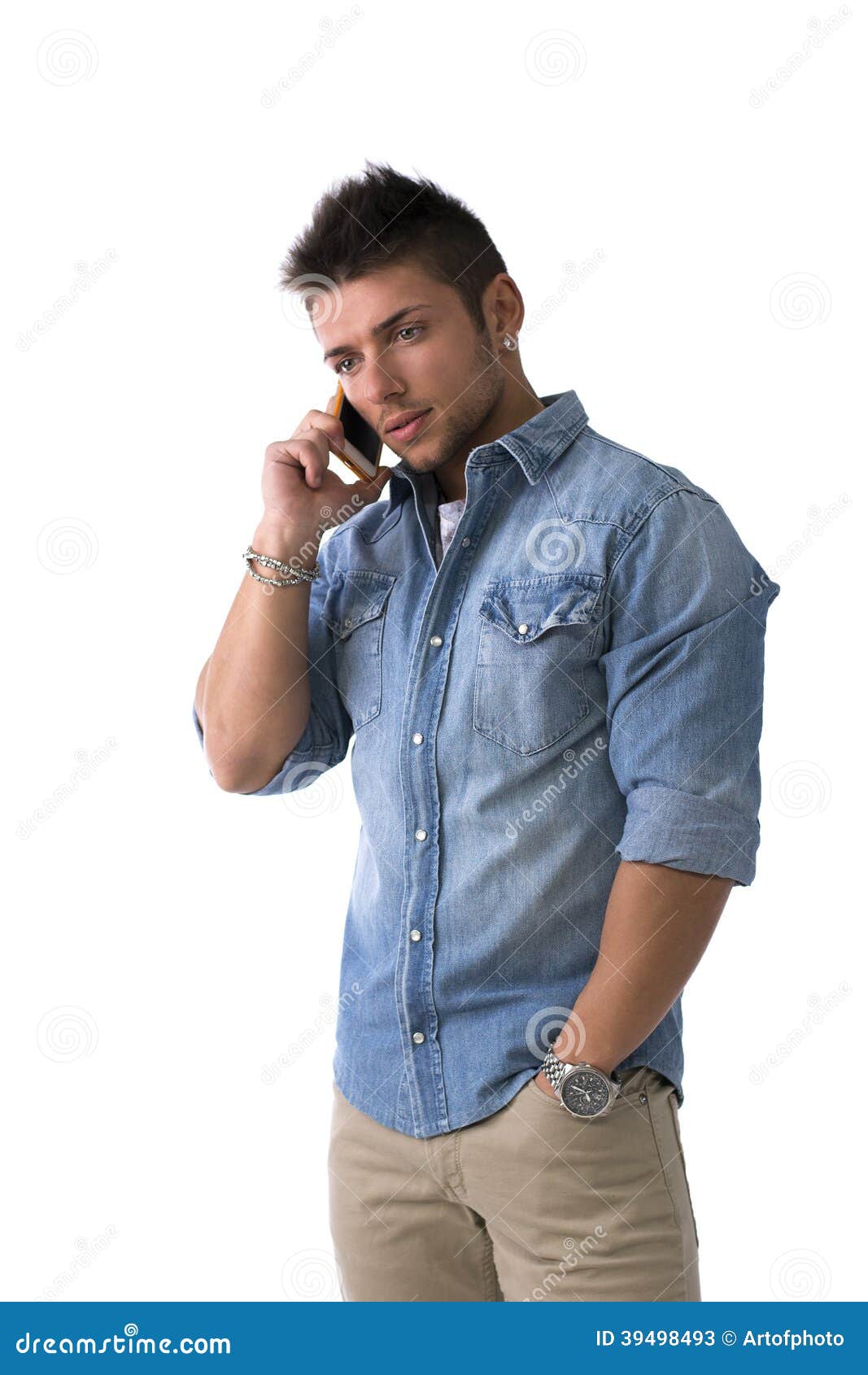 Handsome Young Man Talking On Cell Phone Mobile Isolated Stock Image