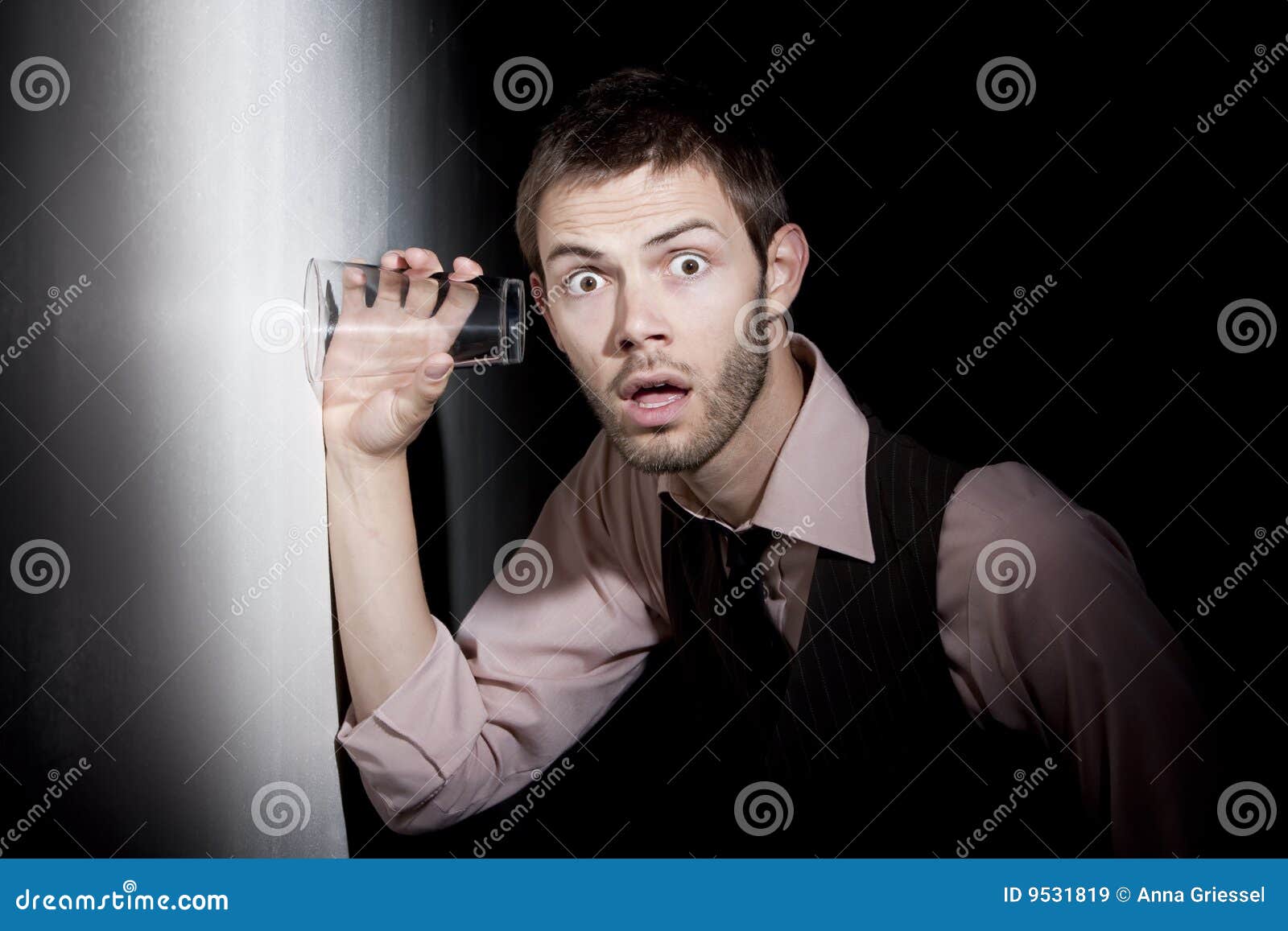 Handsome Young Man Using Glass To Eavesdrop Stock Image - Image of eyes ...