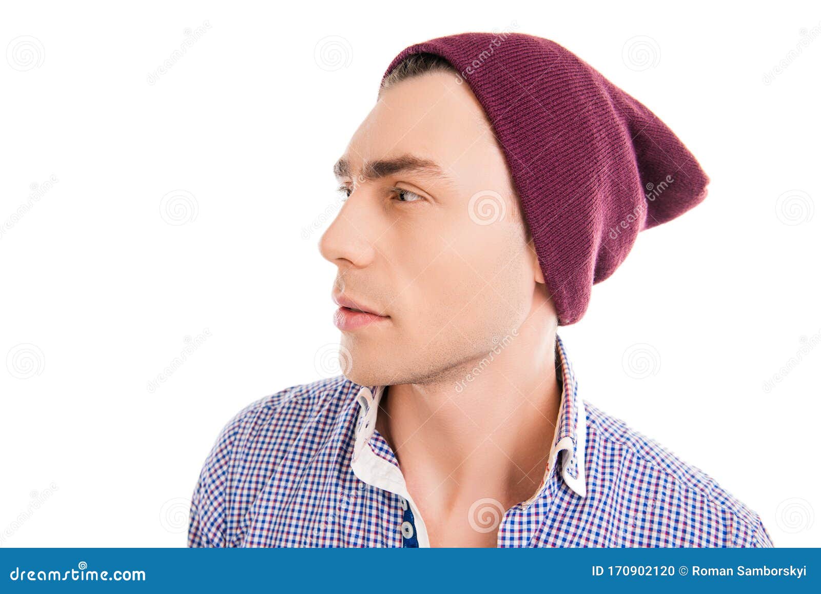 Handsome Young Man in Violet Cap, Side Face Photo Stock Photo - Image ...