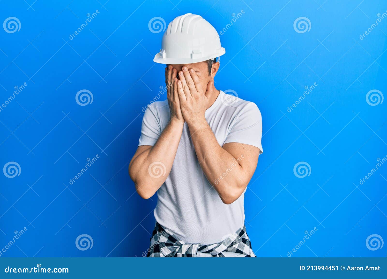 Handsome Young Man Wearing Builder Uniform and Hardhat with Sad ...