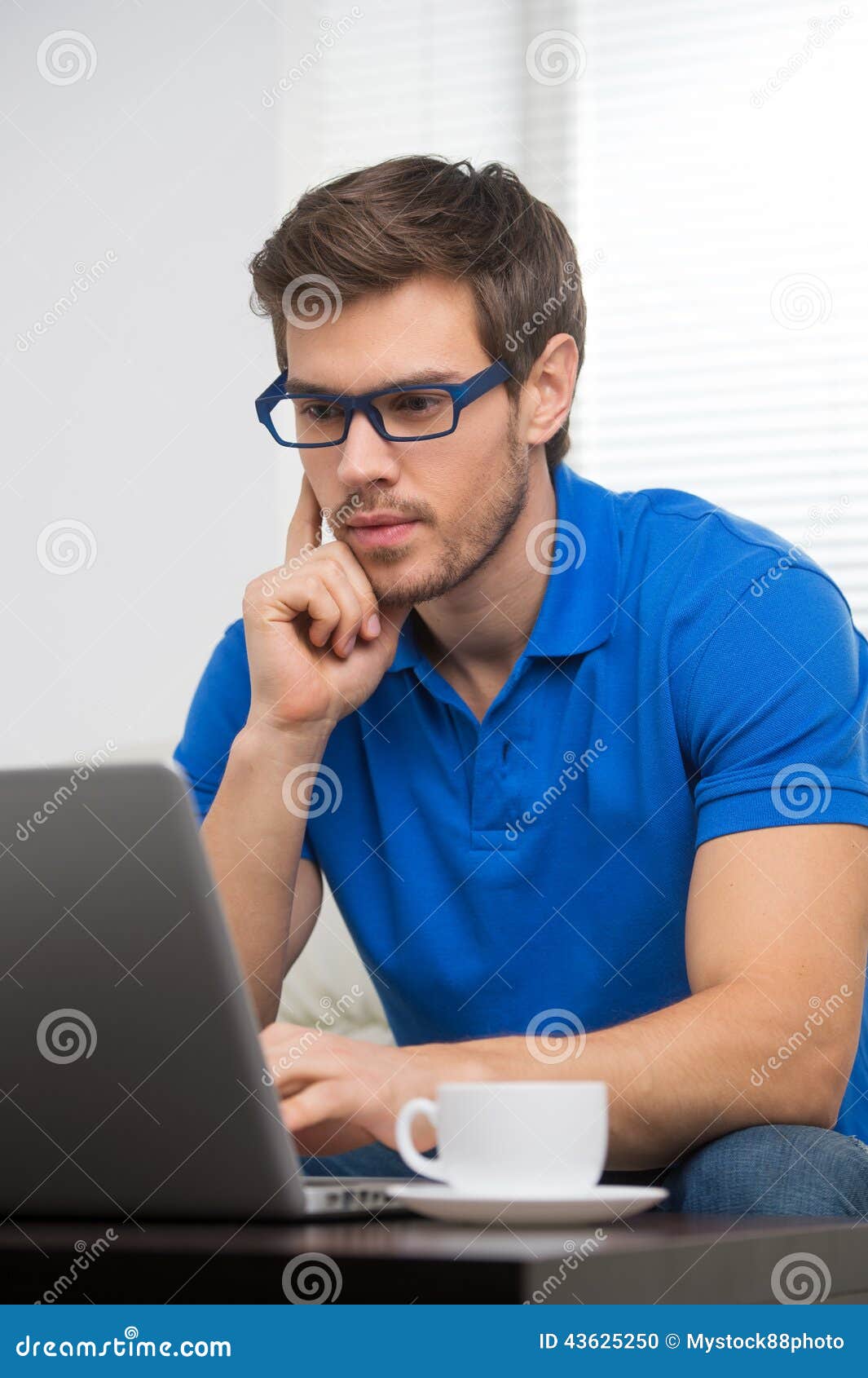 Handsome Young Man Working on Computer Laptop at Home. Stock Photo ...