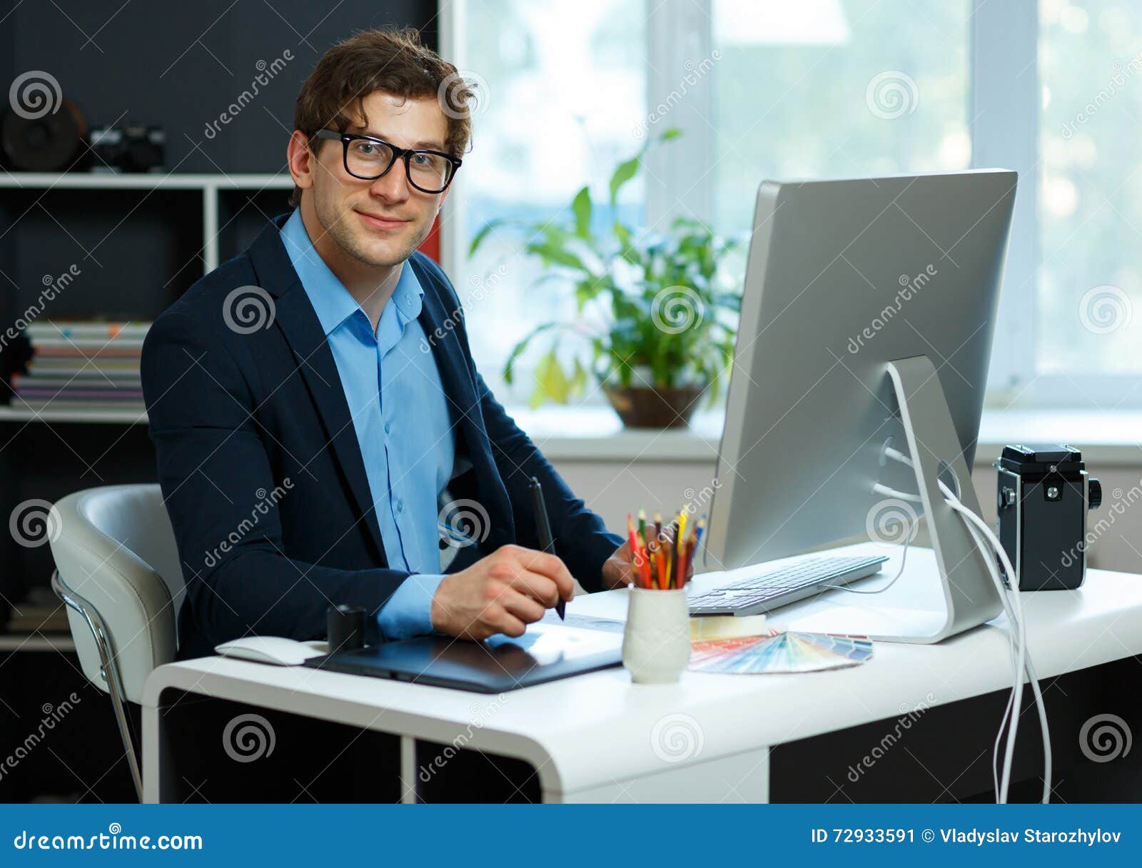 Handsome Young Man Working from Home Office Stock Image - Image of ...