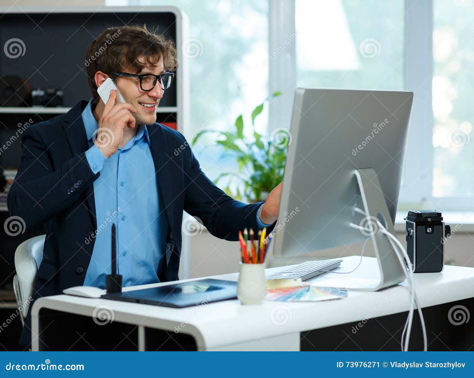 Handsome Young Man Working from Home Office Stock Image - Image of ...