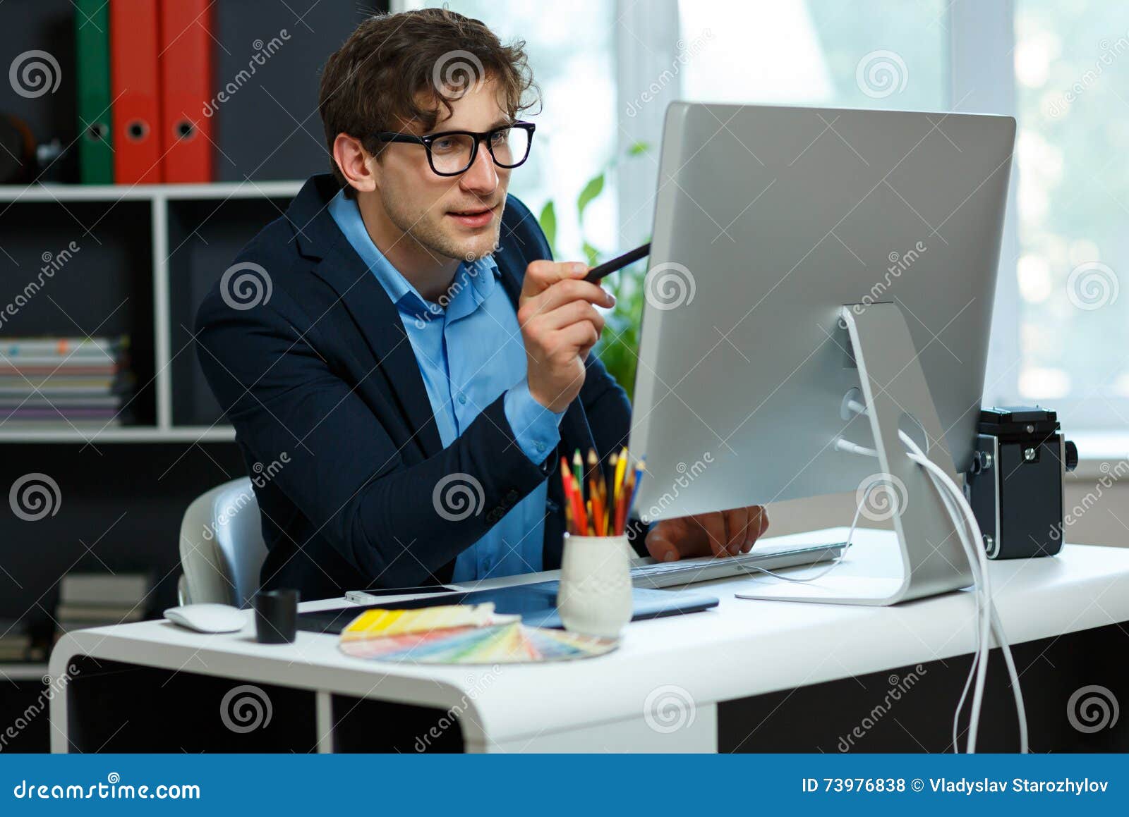 Handsome Young Man Working from Home Office Stock Photo - Image of desk ...