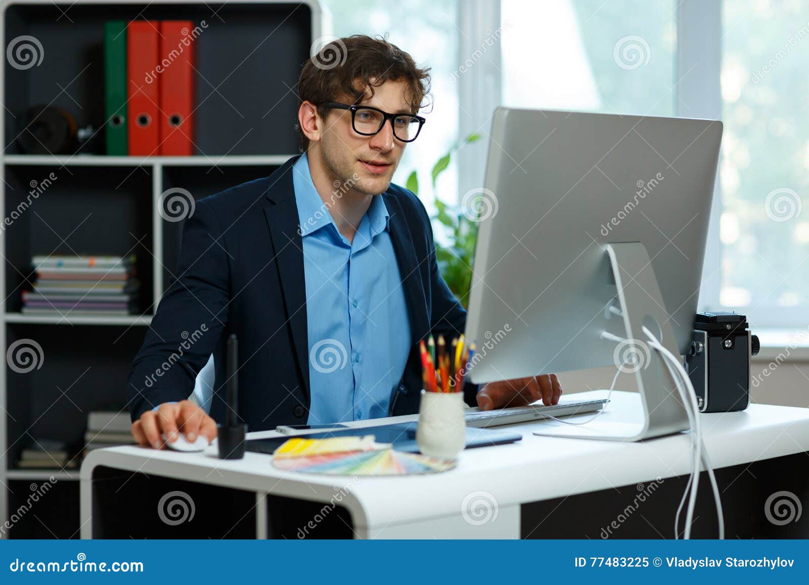 Handsome Young Man Working from Home Office Stock Image - Image of ...