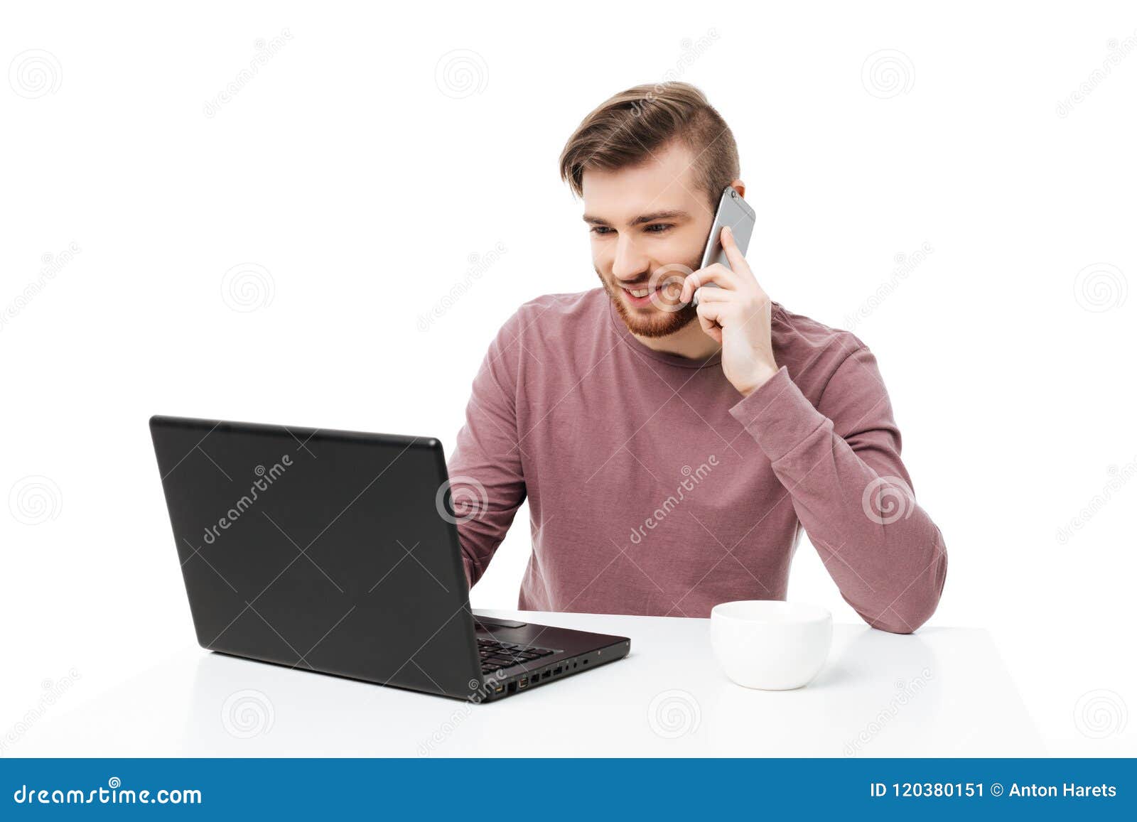 Handsome Young Man Working at the Laptop Computer Talking on the Phone ...
