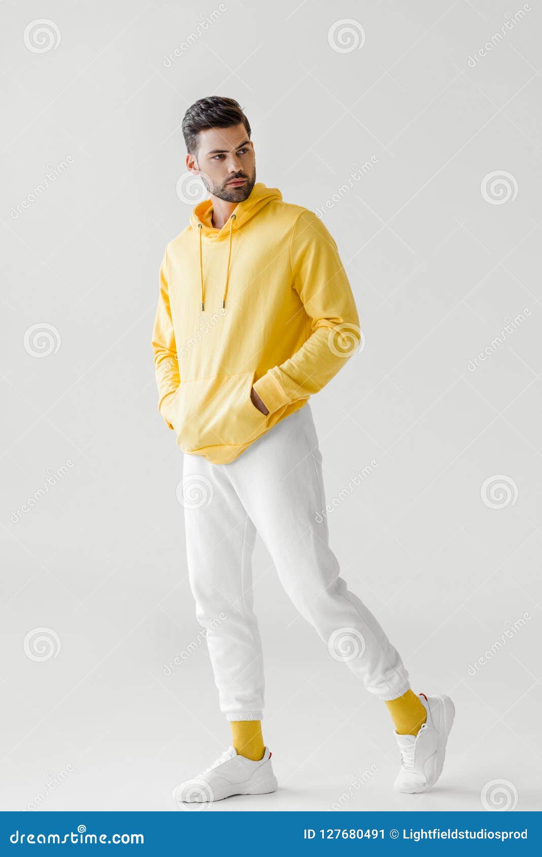 Handsome Young Man In Yellow Hoodie Posing Stock Image Image Of Model Alone 127680491