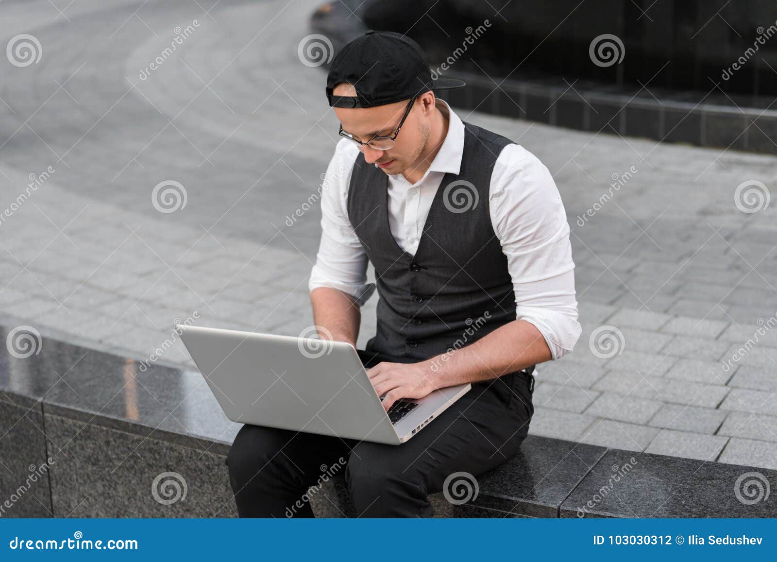 Handsome Young Programmer Working with Laptop Outdoors. Stock Photo ...