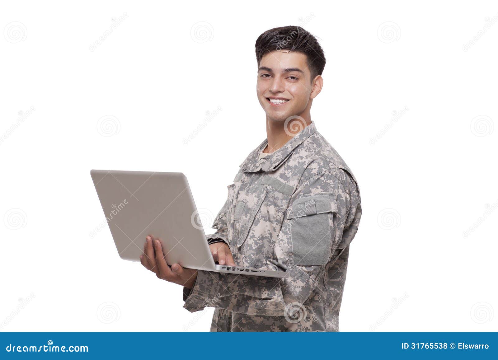 Handsome Young Soldier with a Laptop Stock Photo - Image of adult ...