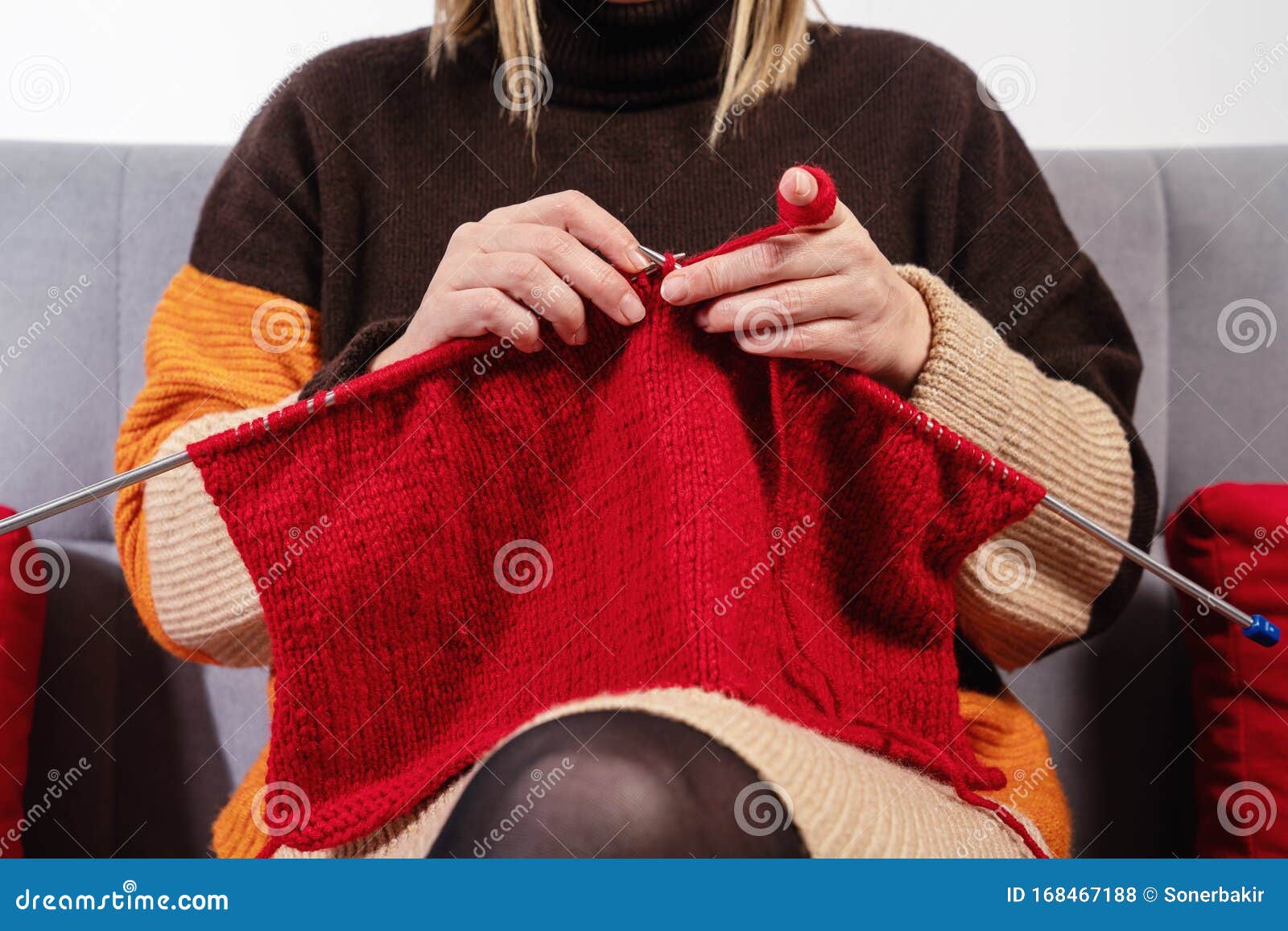 Handwork Concept, Young Woman is Knitting a Needlework Stock Photo ...